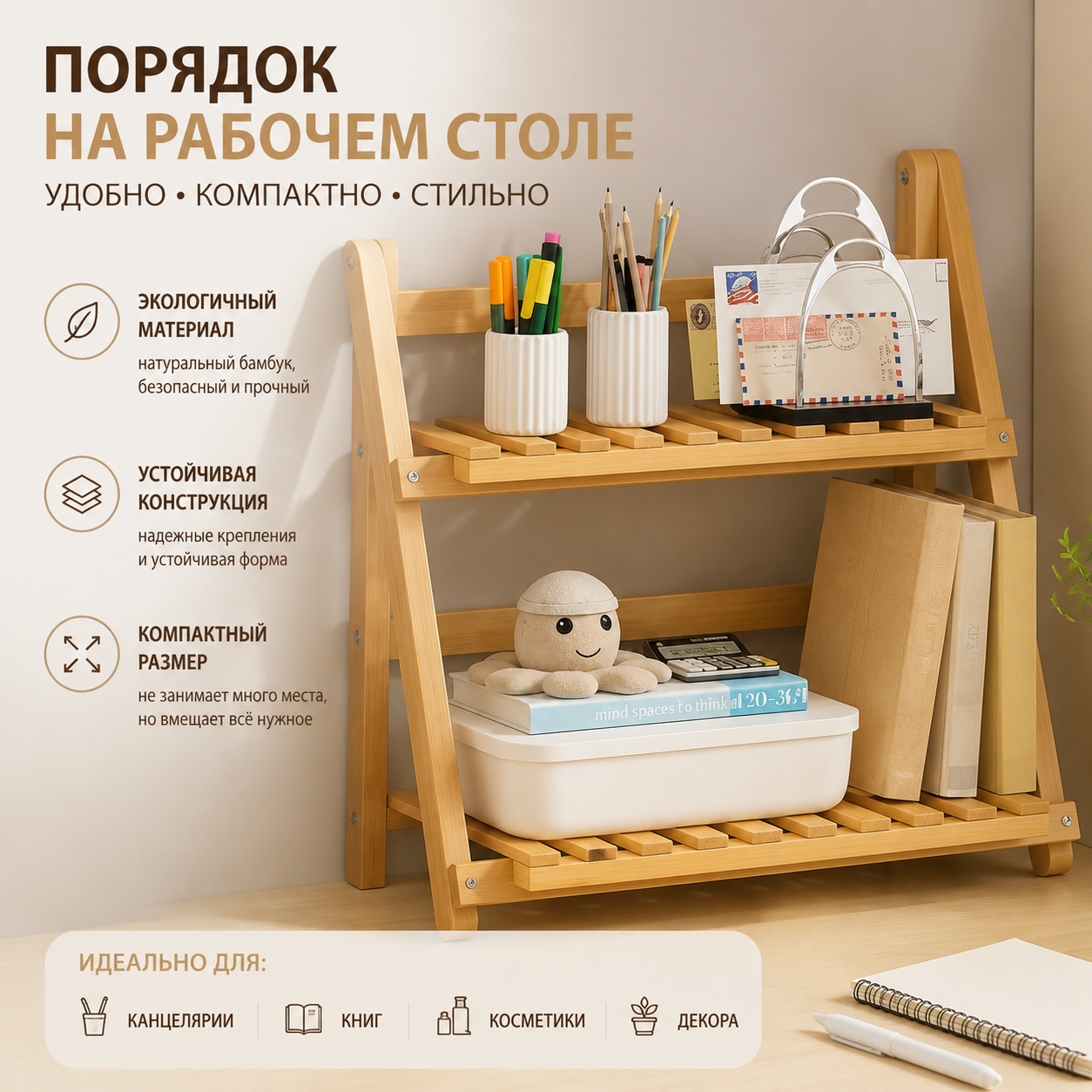 Стеллаж настольный, полка для кухни настольная, деревянный, светло-бежевая 30см