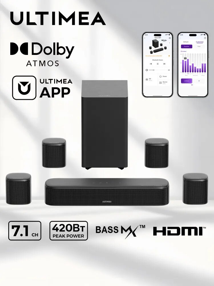 Саундбар для телевизора ULTIMEA Aura S5T Dolby Atmos 7.1, система домашнего кинотеатра, 420Вт, сабвуфер 5.25", Bluetooth 6.0, HDMI eARC, новинка 2026