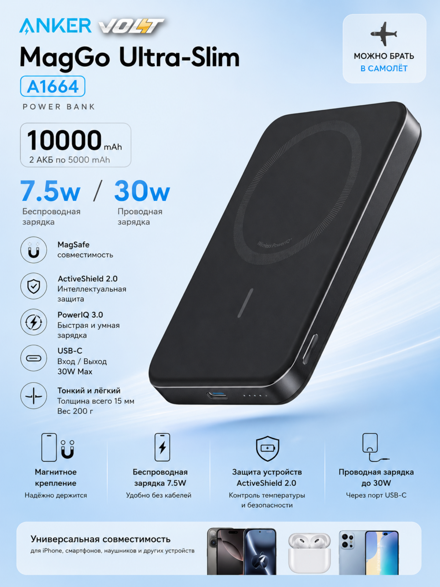 Внешний аккумулятор Anker MagGo Ultra-Slim A1664 10000 mAh (2 АКБ по 5000 mAh), 7.5W/30W, черный