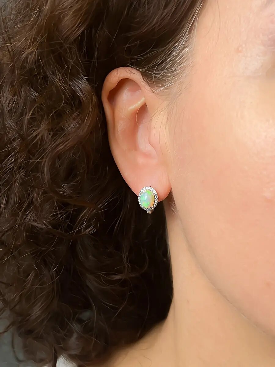 Серьги, серебро, 925 проба, родирование, фианит, опал