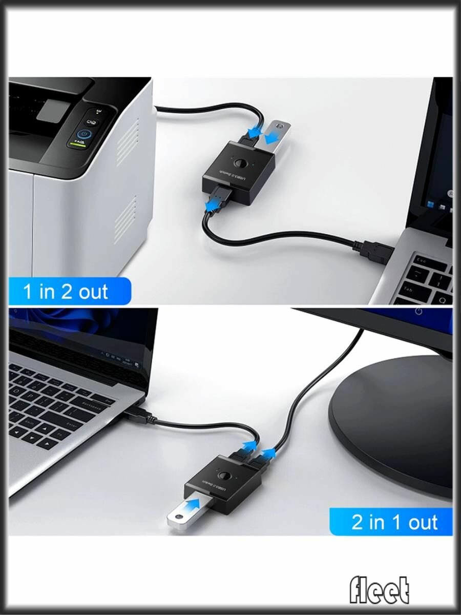 KVM USB-концентратор 3.0 Switcher Selector KVM-переключатель совместим с Клавиатура Мышь Принтер 1 ПК Совместное использование 2 устройства