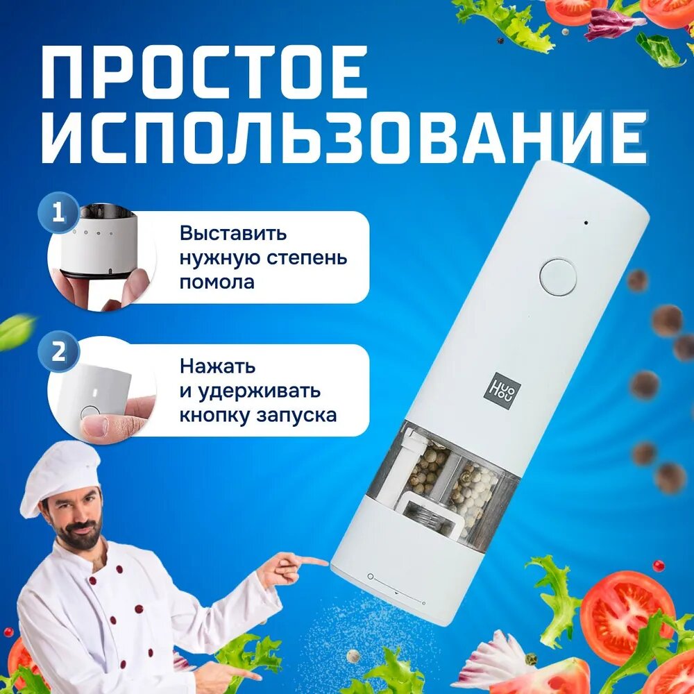 Электромельница для специй HuoHou белая, ABS-пластик, 5 степеней помола, встроенный аккумулятор, подсветка — фото 1