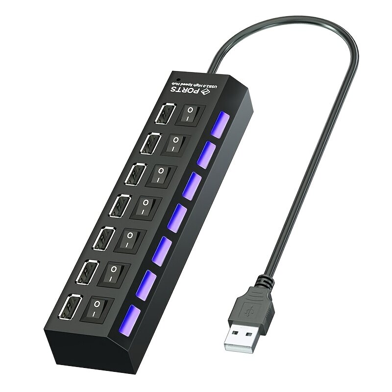 USB-хаб на 4 порта с LED-индикацией, высокоскоростные порты 3.0 и порты 7.0, питание 5V, независимое переключение для клавиатур, мышей и карт памяти, компактный дизайн
