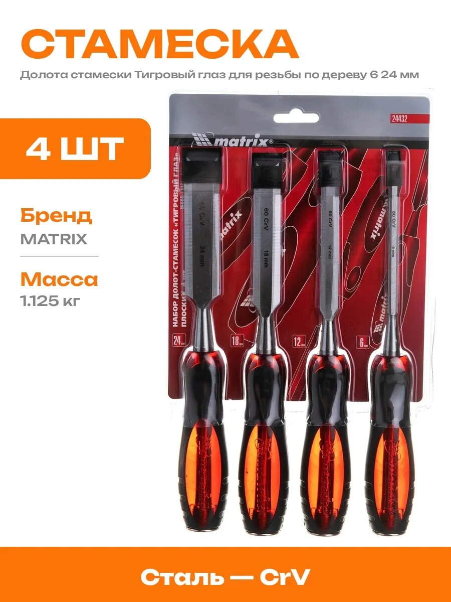 Стамески плоские в блистере набор 4 шт сталь CrV 6-24 мм