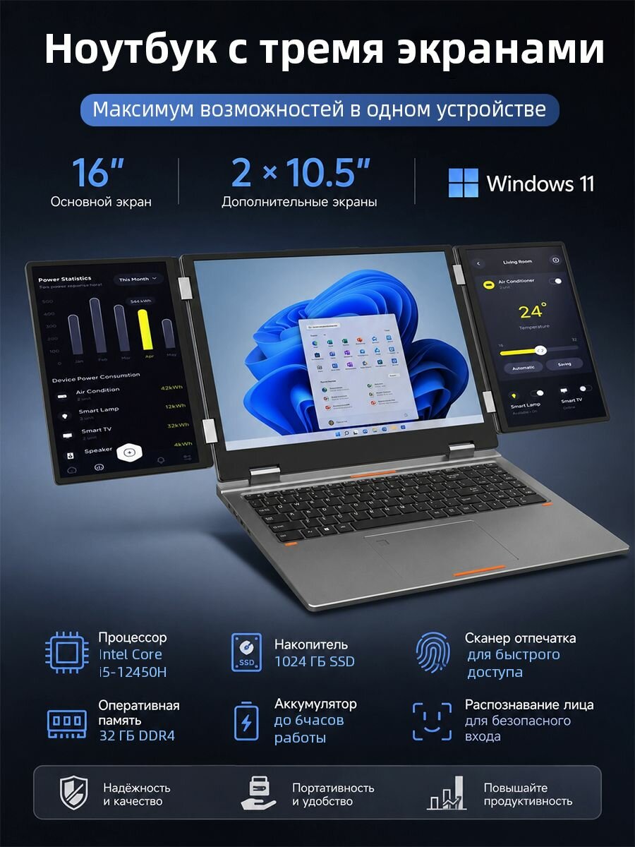 Игровой ноутбук с тремя экранами 16+10.5", Intel Core i5-12450H, 32 ГБ ОЗУ, 1024 ГБ SSD, Windows 11, для игр и работы