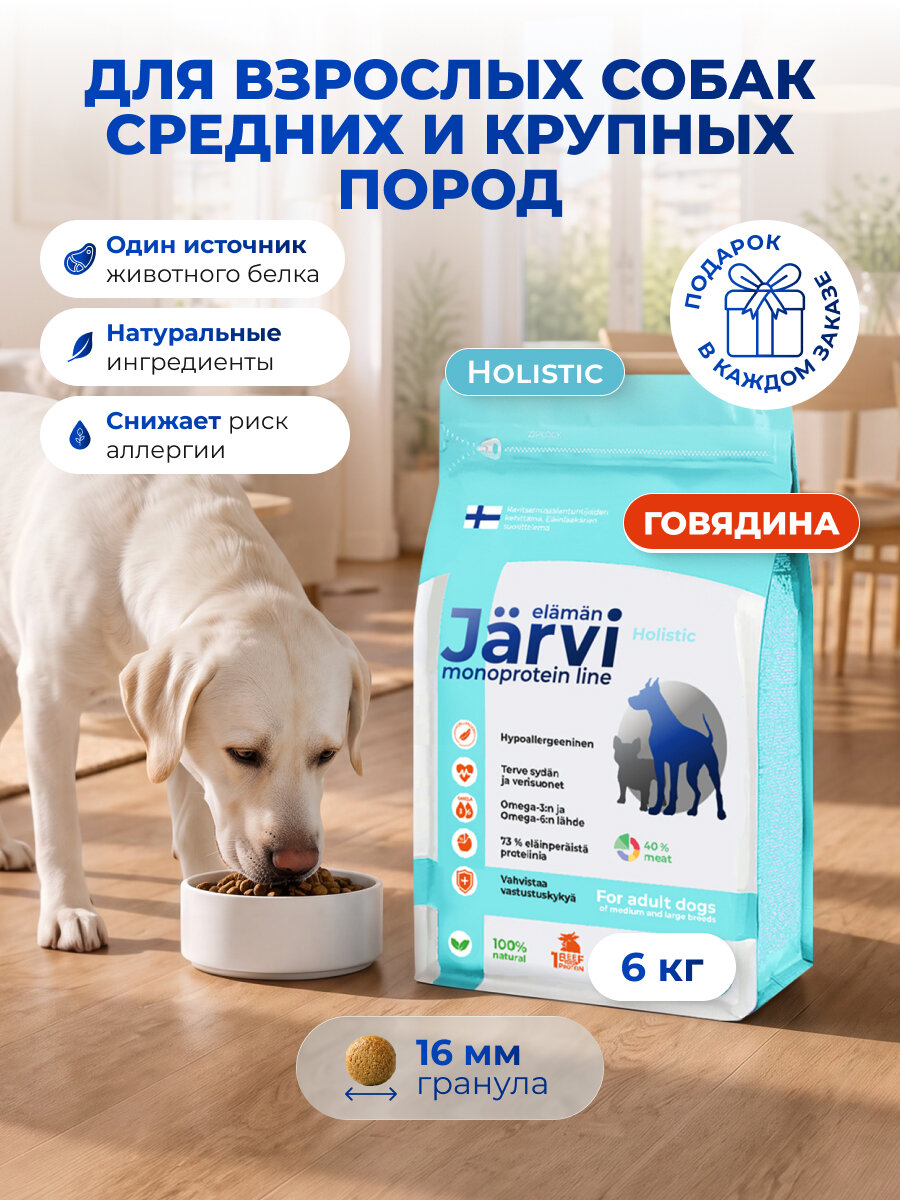 Сухой корм Jarvi Monoprotein line гипоаллергенный holistic для взрослых собак средних и крупных пород с говядиной, 6 кг