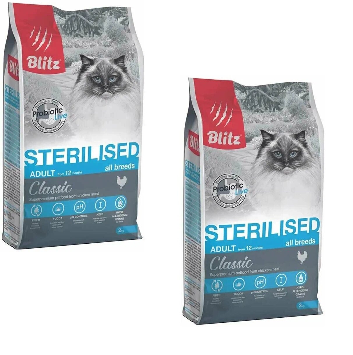 Сухой корм Блиц Sterilised Classic для стерилизованных кошек Курица, 2кг 2шт