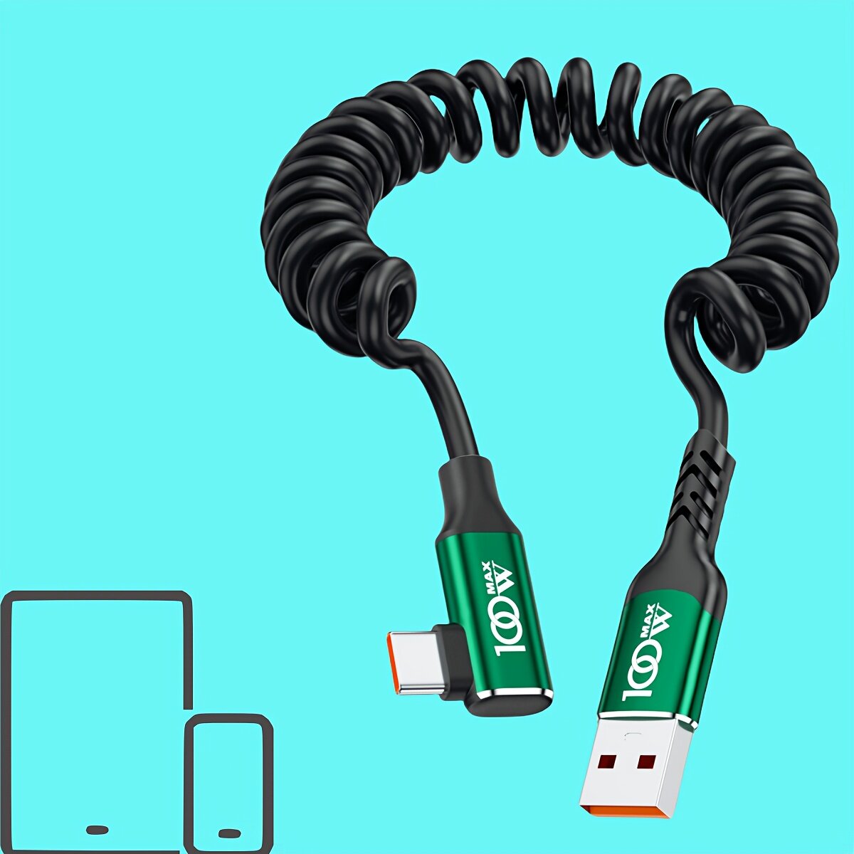 Кабель USB-A на Type-C 1.5 м, спиральный, с углом 90°, поддержка зарядки до 100 Вт, зеленый