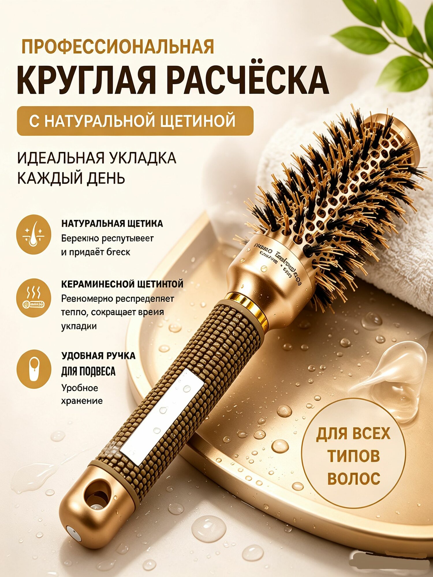 Брашинг для укладки волос, диаметр 35 мм. Круглая расческа антистатическая с натуральной щетиной, цвет золотой.