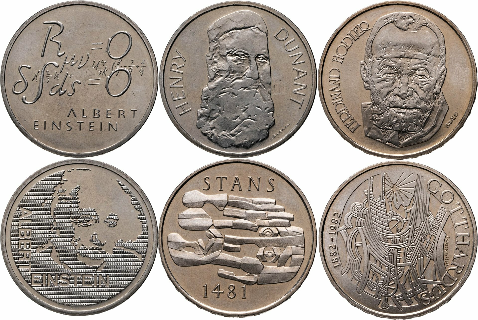 Швейцария набор из 6-ти монет 5 франков 1978-1982 в футляре, Мельхиор медь-никель, в сохранности PL