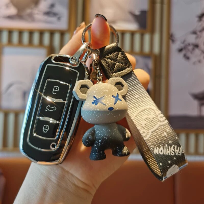 Нобелевский черный чехол для ключа автомобиля с модным плюшевым медвежонком — совместимый с Geely