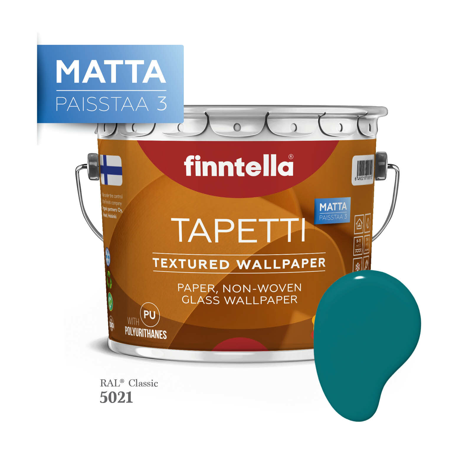 Матовая краска для обоев под окраску TAPETTI Matta FINNTELLA, Цвет RAL 5021 Водная синь (Water blue), 2,7л