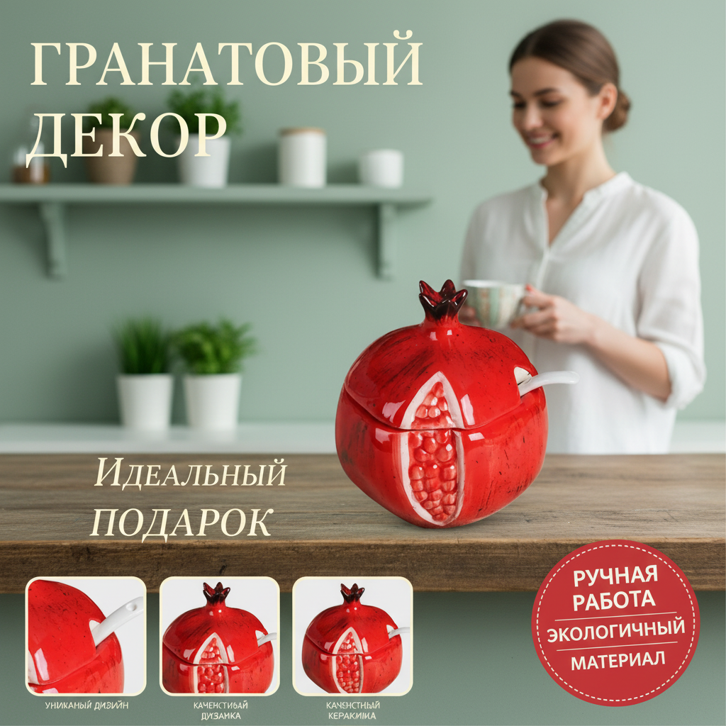 Сахарница керамическая в виде граната с ложкой, красная, диаметр 9 см, 1 шт