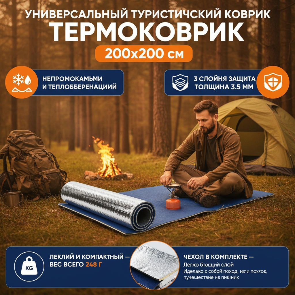 Туристический коврик, двухсторонний фольгированный-термоковрик водонепроницаемый 200х200 см, для палатки/кемпинга и пикника на природе.