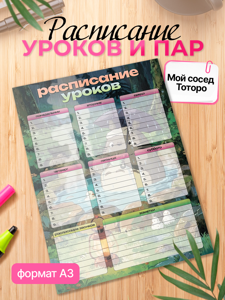 Расписание уроков школьное, формат А3 29,7х42 см, " Тоторо "