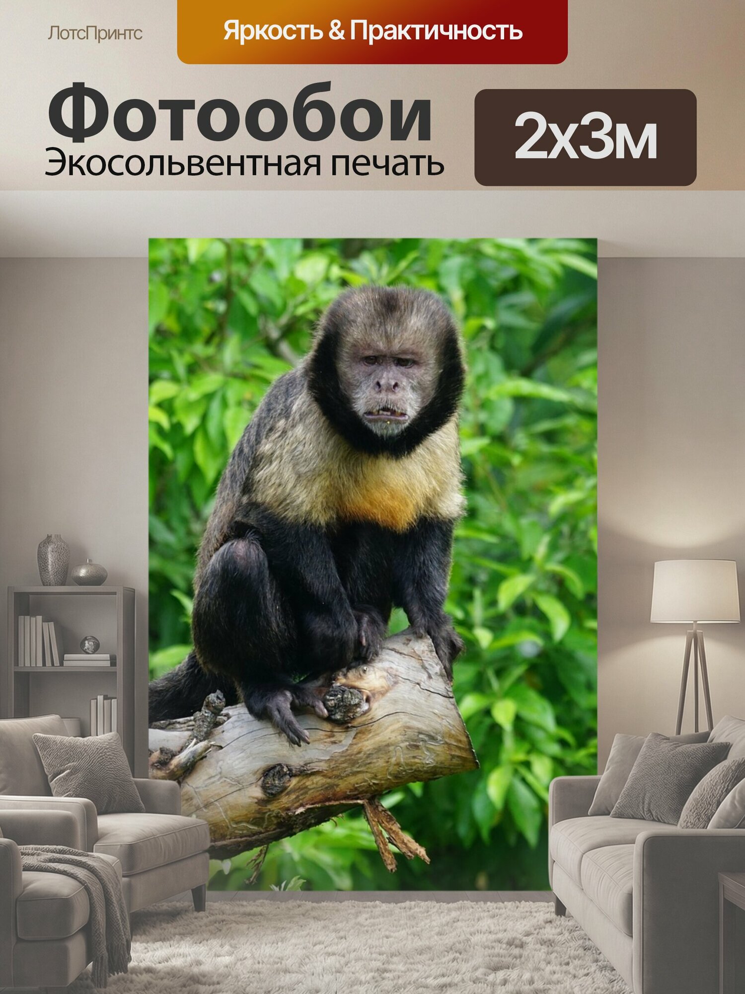 Фотообои "Желтогрудый капуцин, обезьяна, примат" 200x300 см. экосольвентная печать