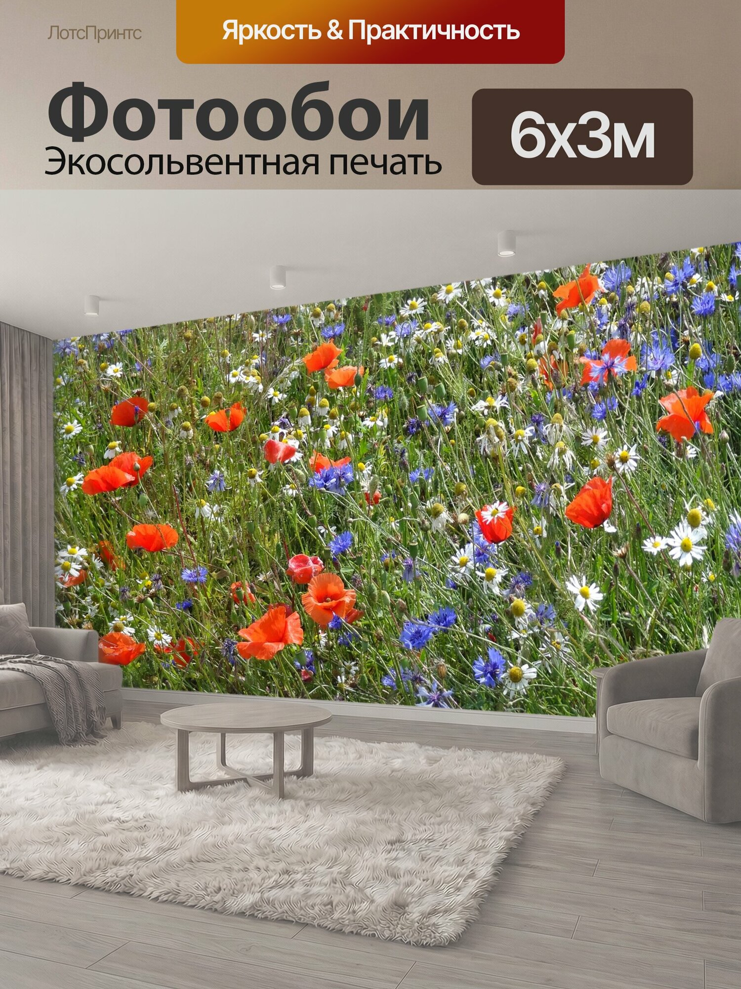 Фотообои "Цветущий луг, кукурузный мак, васильки" 600x300 см. экосольвентная печать