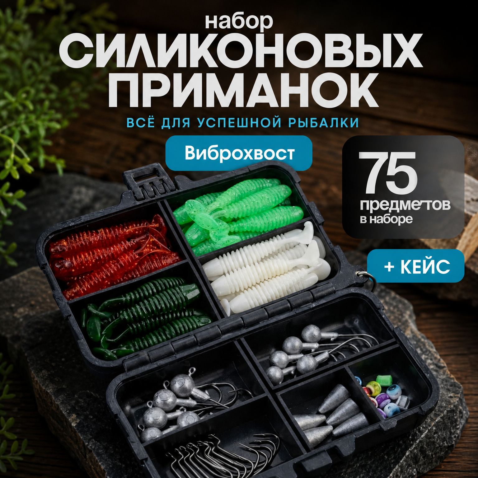 Набор виброхвостов / Идеальный подарок для рыбака / 75 элементов / Полный набор приманок / Практичный кейс