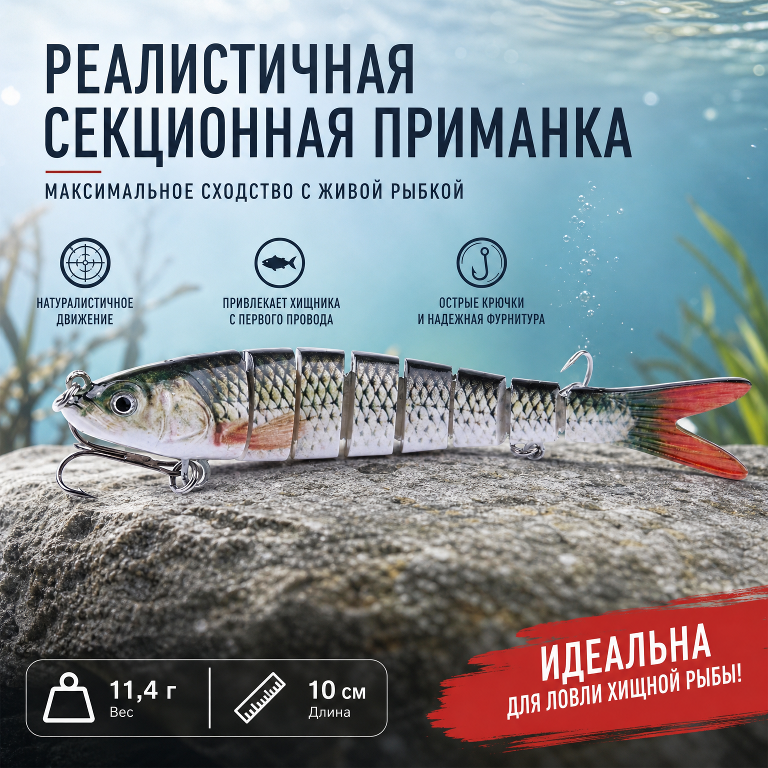 Секционный воблер для ловли хищников тонущий 12,5гр / 12см / 6 сегментов / Искусственная приманка / Снасть / на щуку / на окуня / на судака (Цвет товара: зеленый; Длина: 120 мм)