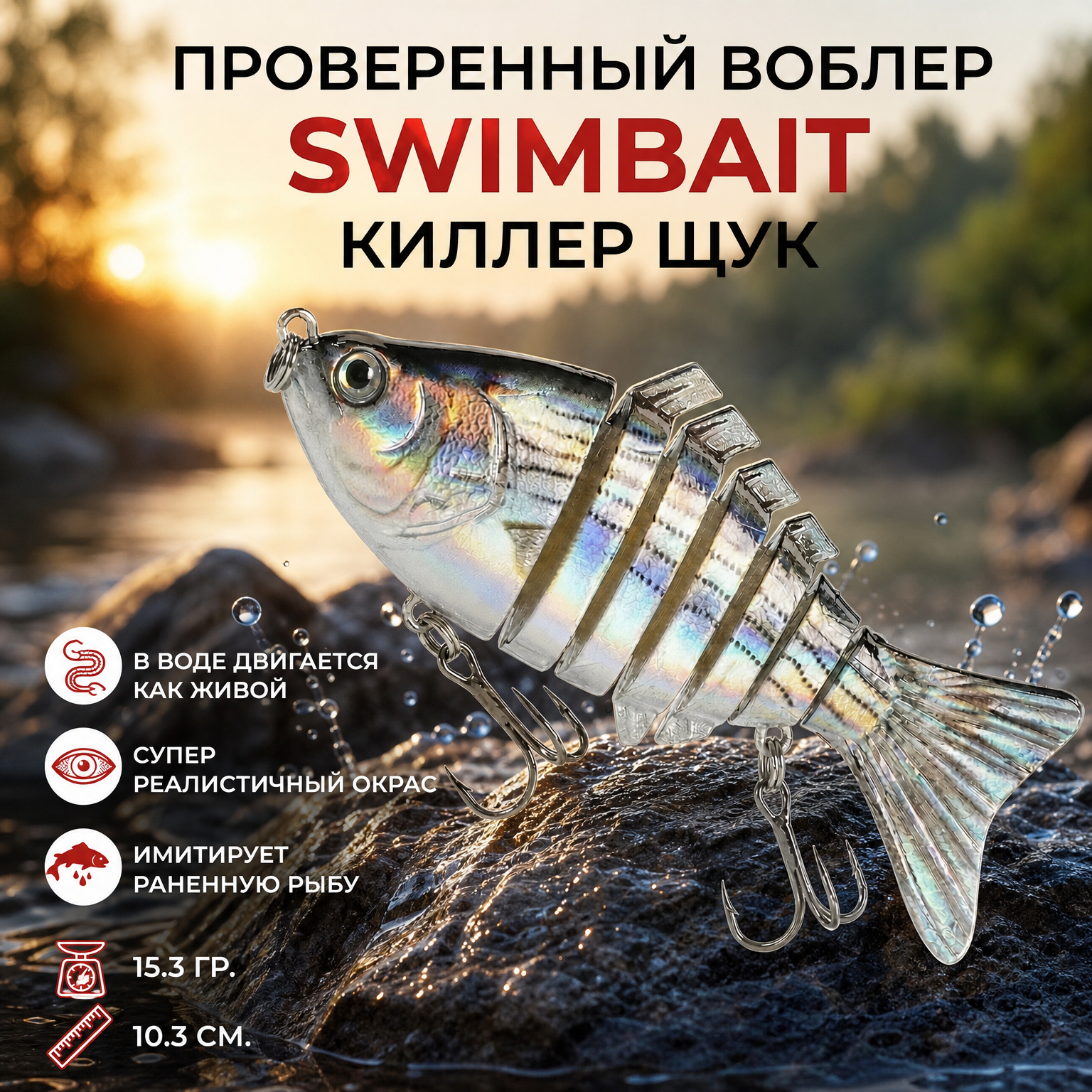 Воблер Swimbait киллер щук, приманка на окуня, судака, тонущий супер реалистичный свимбейт 15,3г. 10,3см.