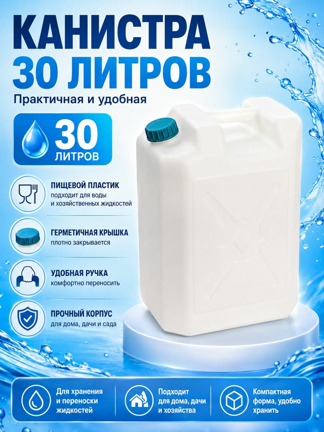 Канистра пластиковая 30 л для хранения и перевозки воды, для дома, дачи и поездок М1764