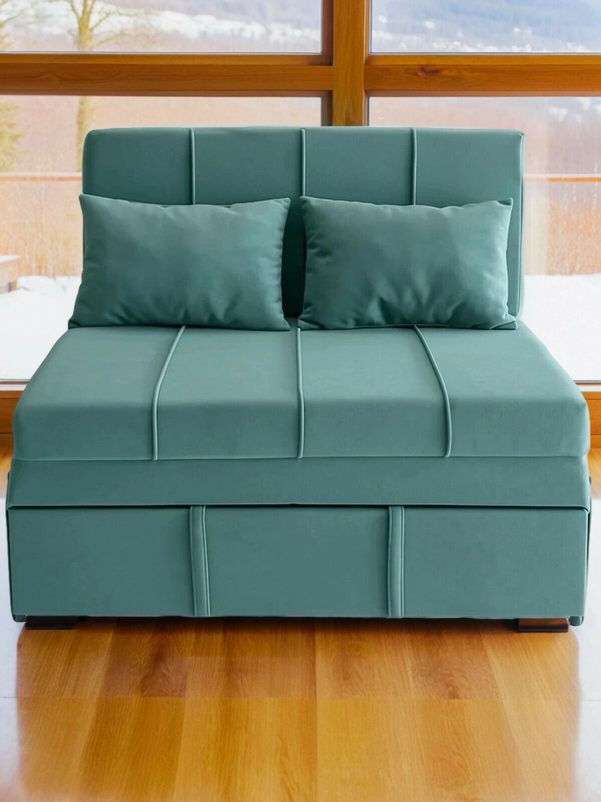 Диван-кровать с подушками StylChairs Сёма 100, без подлокотников, велюр бирюзовый
