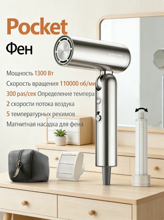 Dreame Фен для волос Dreame Pocket P10-AHD51-золотой 1300 Вт, скоростей 110000, кол-во насадок 2, золотой