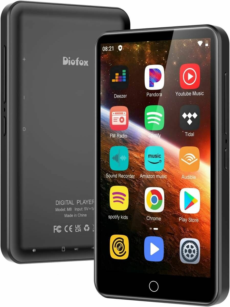 80 ГБ мп3 плеер с bluetooth и Wi-Fi Diofox M8/ 4-дюймовый полный сенсорный экран/ с наушниками и Карта памяти емкостью 64 ГБ/ радио/ Android 9.0/Несколько форматов воспроизведения музыки