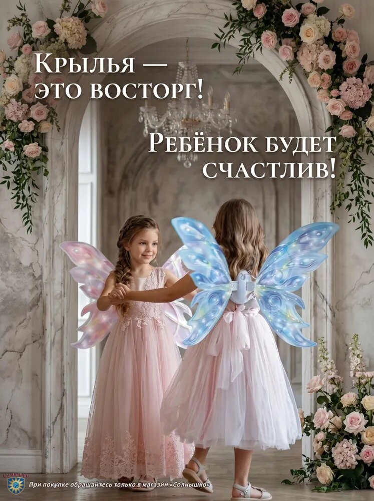 Карнавальный аксессуар Волшебные крылья бабочки для девочки, пластик, розовый, 90 см, с подсветкой и музыкой — фото 1