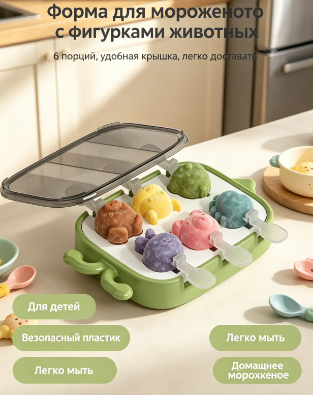 Форма для мороженого силиконовая с крышкой, 6 ячеек, детская формочка для домашнего льда, фруктового мороженого