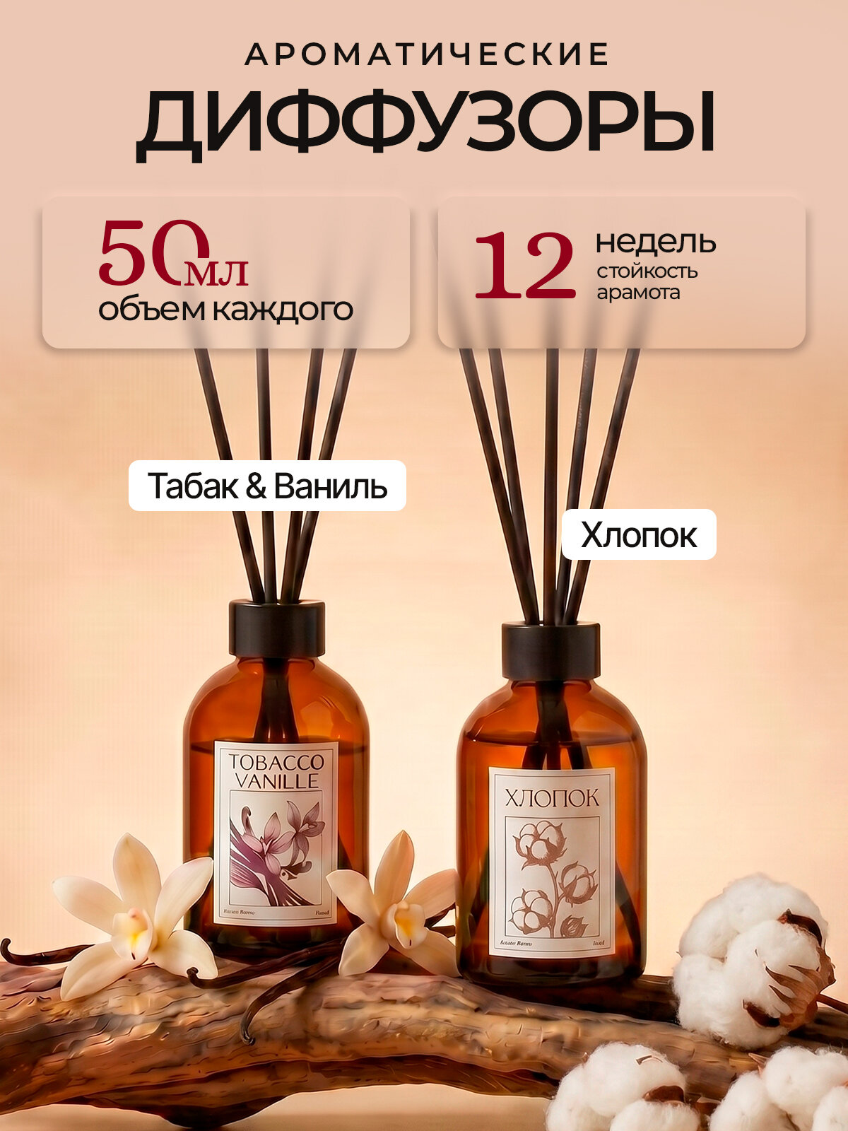 Диффузор для дома с палочками AROMA BLOOM 2шт. Табак Ваниль, Хлопок