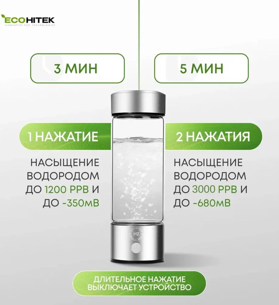 Озонатор Водородная бутылка Hydra New, настольная, серебристый, 420 мл, USB зарядка — фото 1