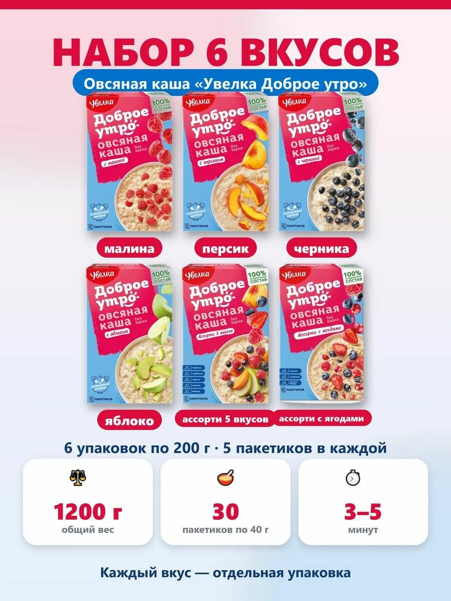 Каша овсяная Увелка Доброе утро, набор вкусов: малина, персик, черника, яблоко, ассорти 5 вкусов, ассорти с ягодами