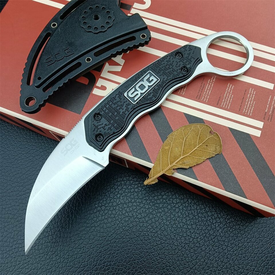 Нож для выживания на природе EDC SOG Tactical Bear Claw с фиксированным клинком, рукоятью из G10, кольцом для мизинца и чехлом из кайдекса.