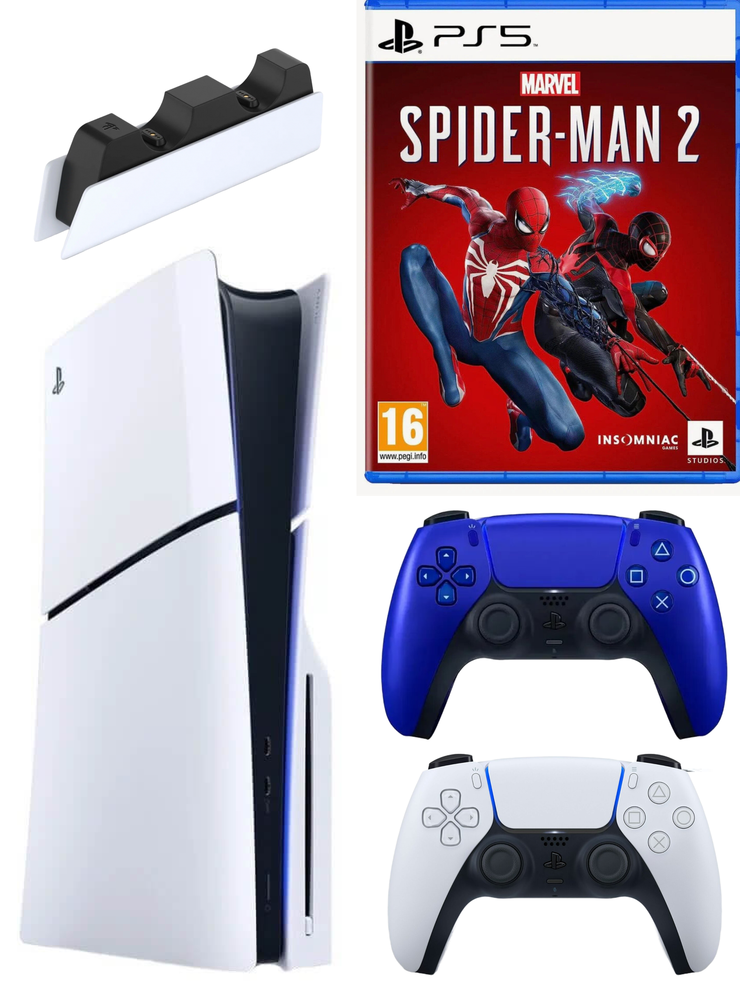 Игровая приставка Sony PS 5 Slim, 1ТБ(с дисководом)+2 геймпад(cobalt blue)+Зарядная станция+Marvel Spider Man 2