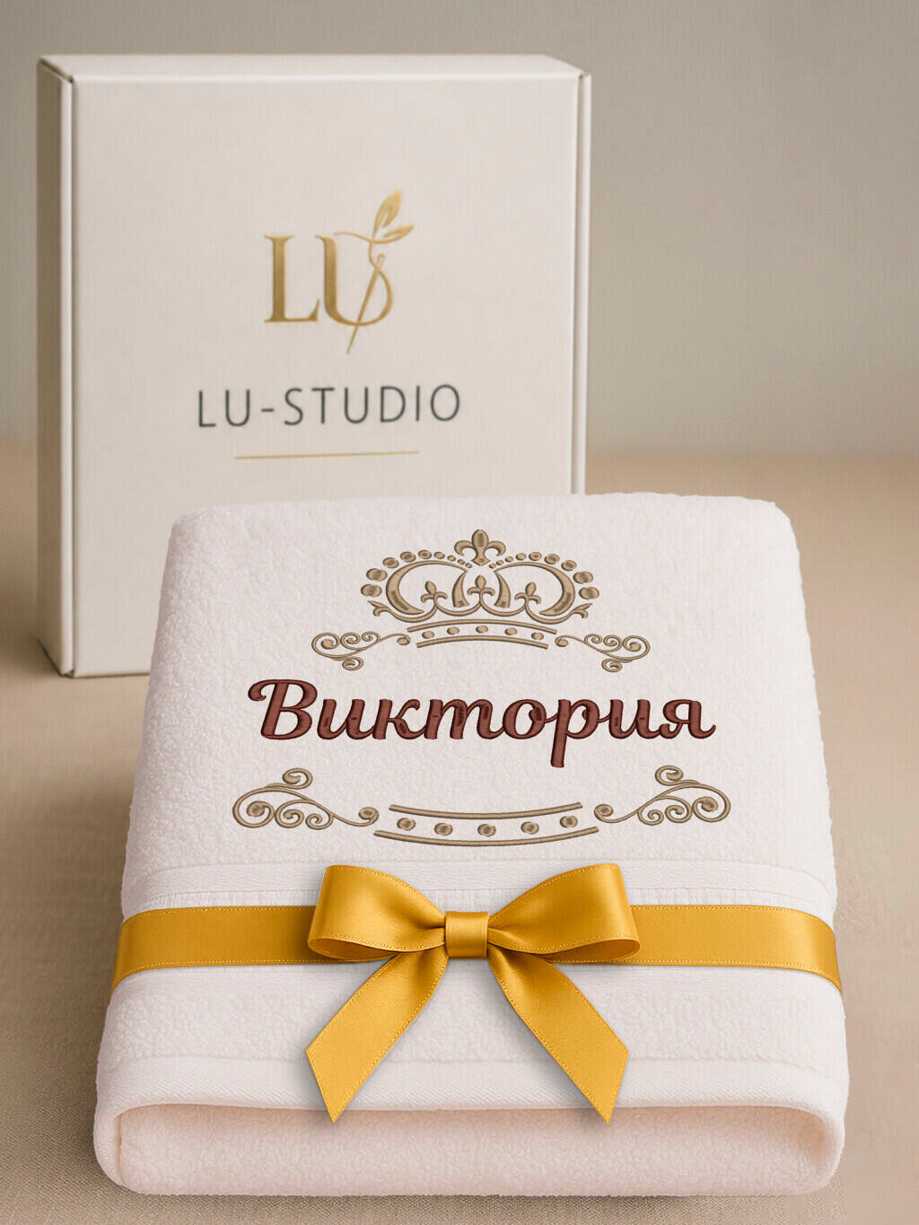 Полотенце Виктория 70х140 подарок именная вышивка с короной, LU-Studio, белый, 460 г/м², 100% хлопок