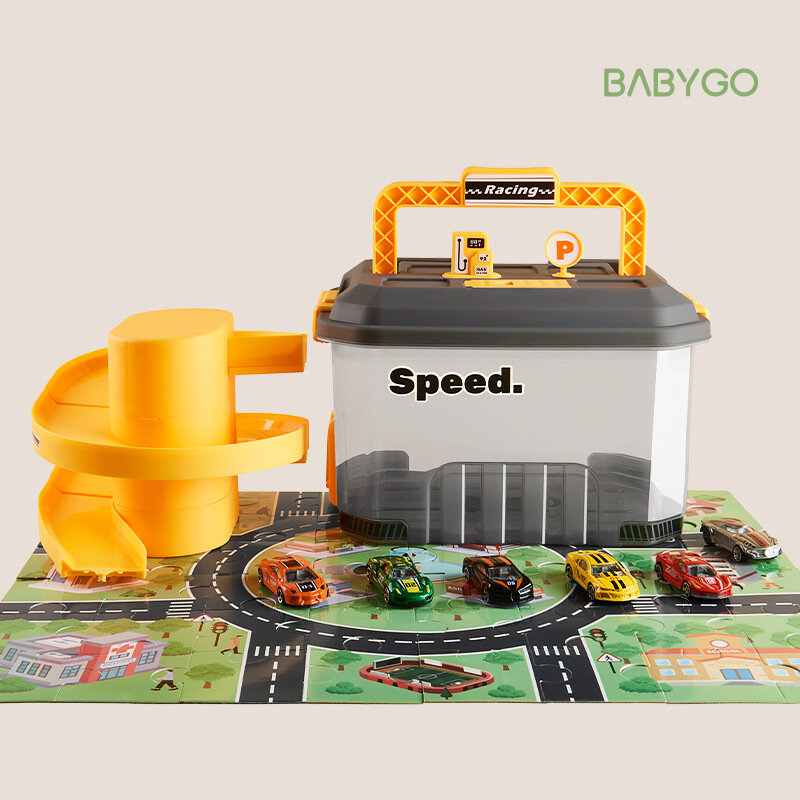 BABYGO Набор игрушек с трек-автомобилями: парковка, 6 машинок, пазлы и контейнер для хранения - обучающая детская игра