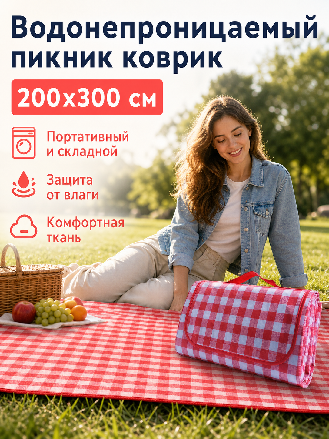 Влагостойкий коврик для пикника красный размер 200х300 см туристический