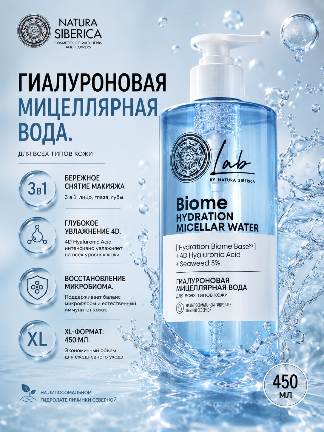 NATURA SIBERICA Гиалуроновая мицеллярная вода  LAB Biome для всех типов кожи, 450 мл