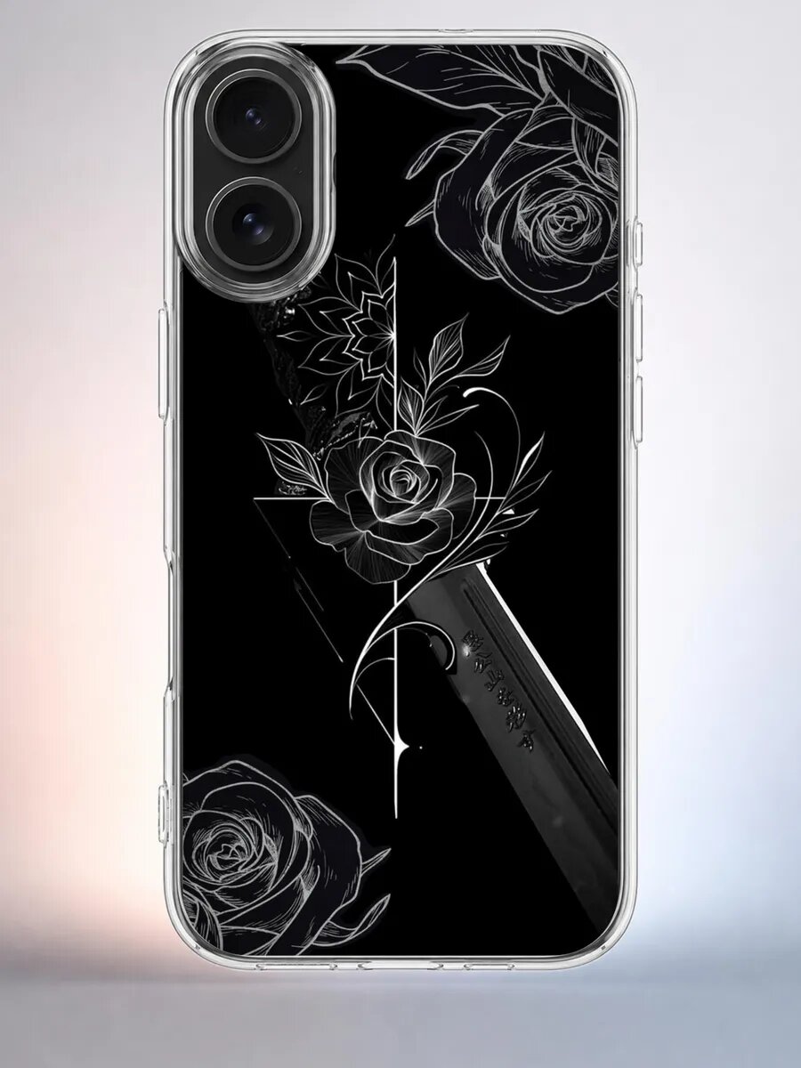 Чехол iPhone 16 Катана и розы силиконовый прозрачный