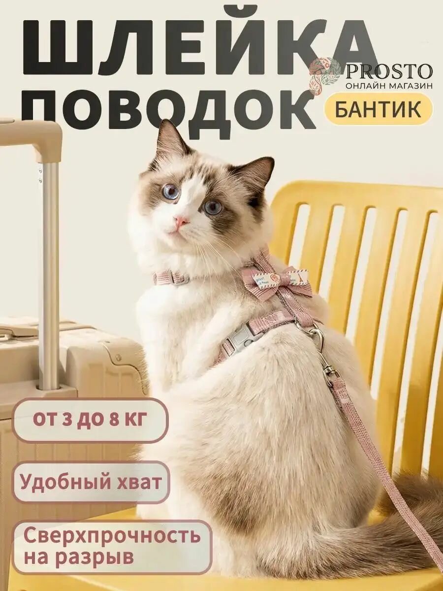 Шлейка для кошек Моланди в клетку с бантиком 1.2м, розовый, дышащая регулируемая, антискользящая мягкая безопасная для профессионального выгула