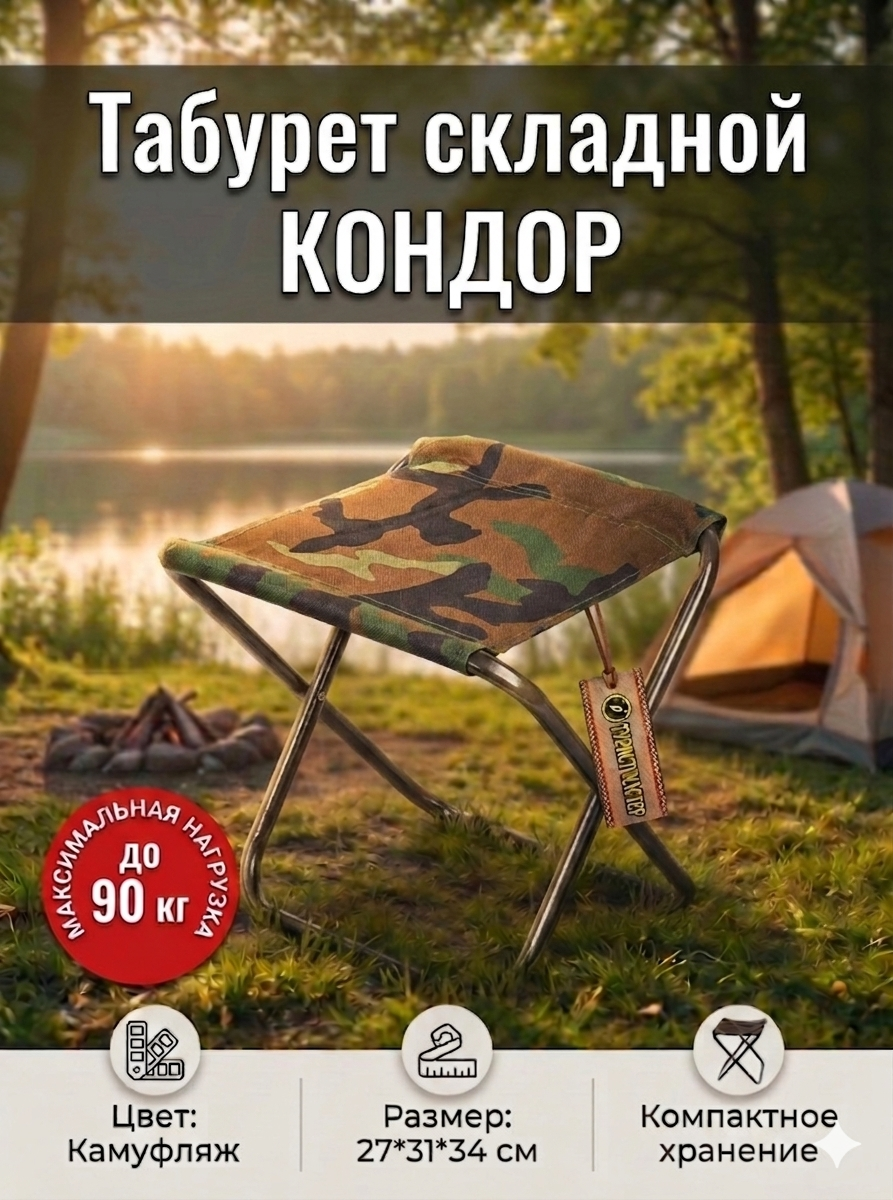 Табурет складной «Кондор», металл/текстиль, 27x31x34 см, до 90 кг, камуфляж