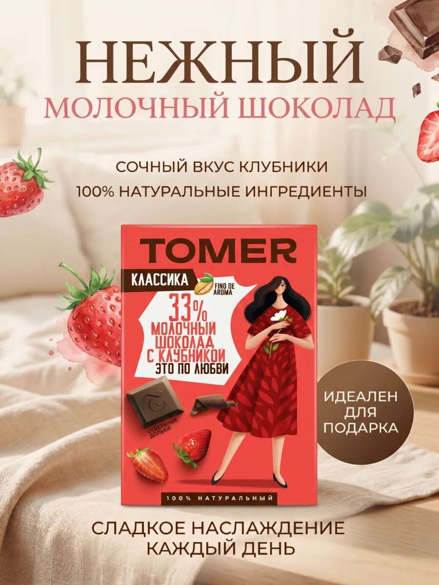 Шоколад молочный "Tomer" с клубникой, 8 х 90 гр
