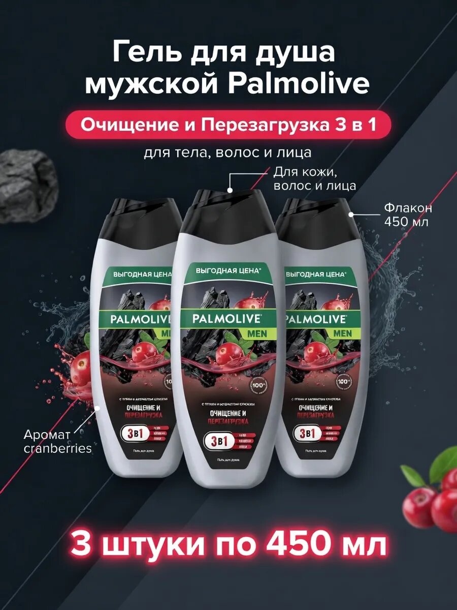 Гель для душа Palmolive Men Очищение и Перезагрузка 3в1, 450 мл 3 шт