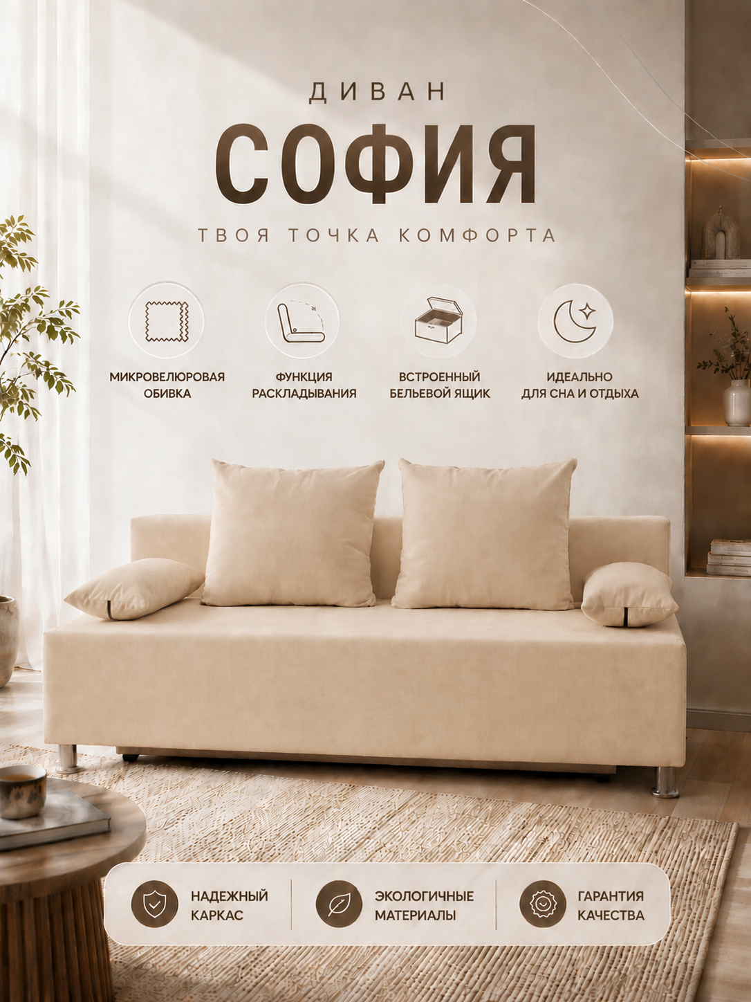 Диван-кровать прямой София с бельевым ящиком ткань мирковелюр цвет бежевый