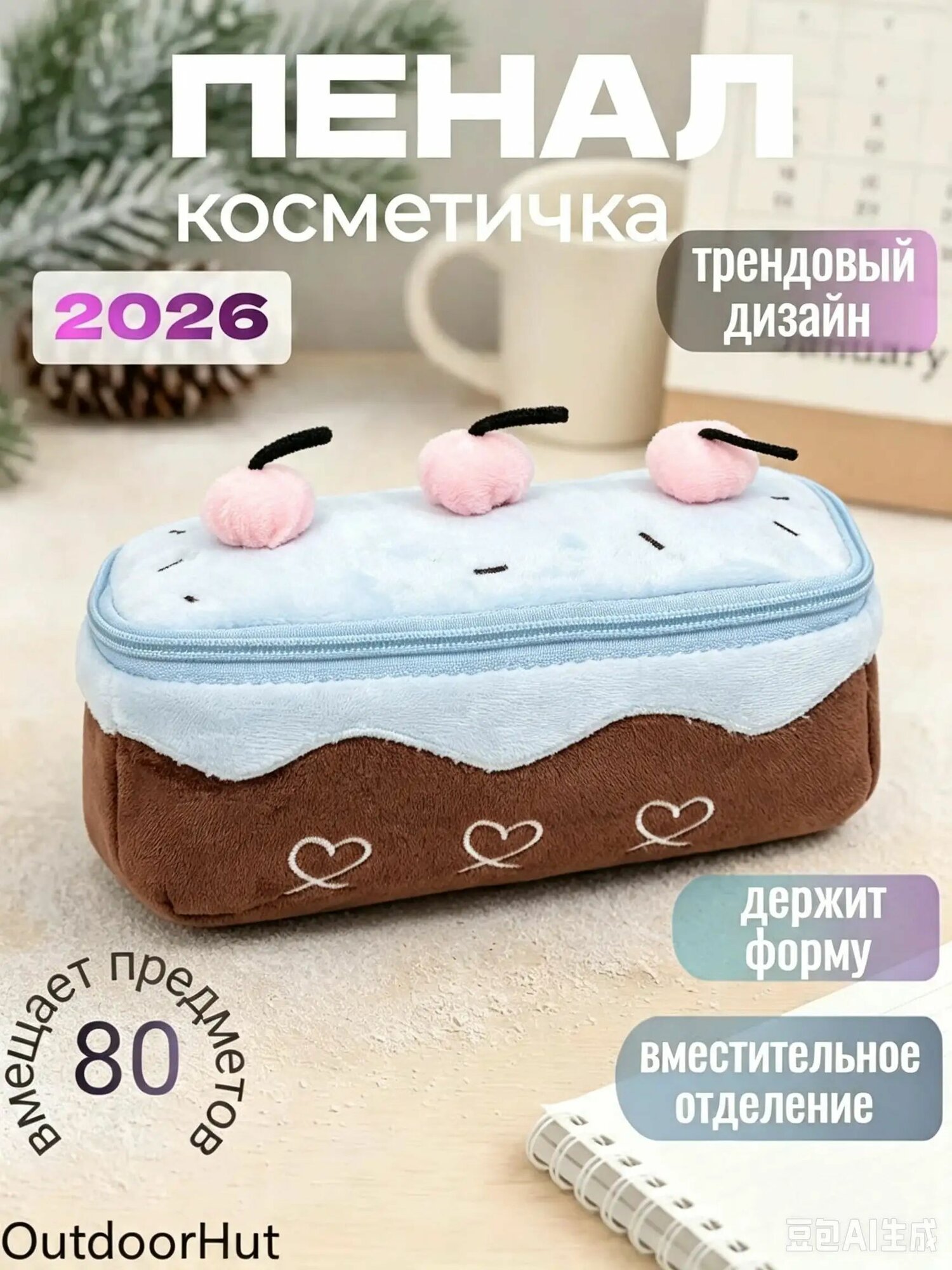 Плюшевый пенал-косметичка в форме вишневого торта, мягкий органайзер с металлической молнией для школьниц и студенток