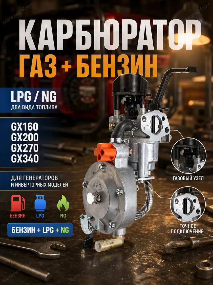 Карбюратор газ-бензин для генератора LPG/NG, двухтопливный узел для двигателей GX160 GX200 GX270 GX340, инверторных генераторов EU22i EU30is