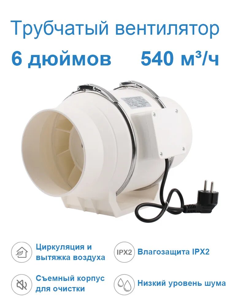 6-дюймовый канальный вентилятор, вытяжка Turbo Booster, 75 Вт, пластиковая труба, съемная для очистки, для ванной и кухни, 540 м /ч, белый