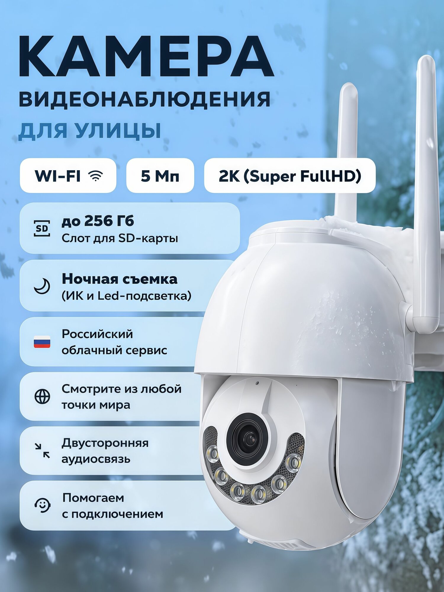Камера видеонаблюдения уличная wifi, видеокамера с датчиком движения