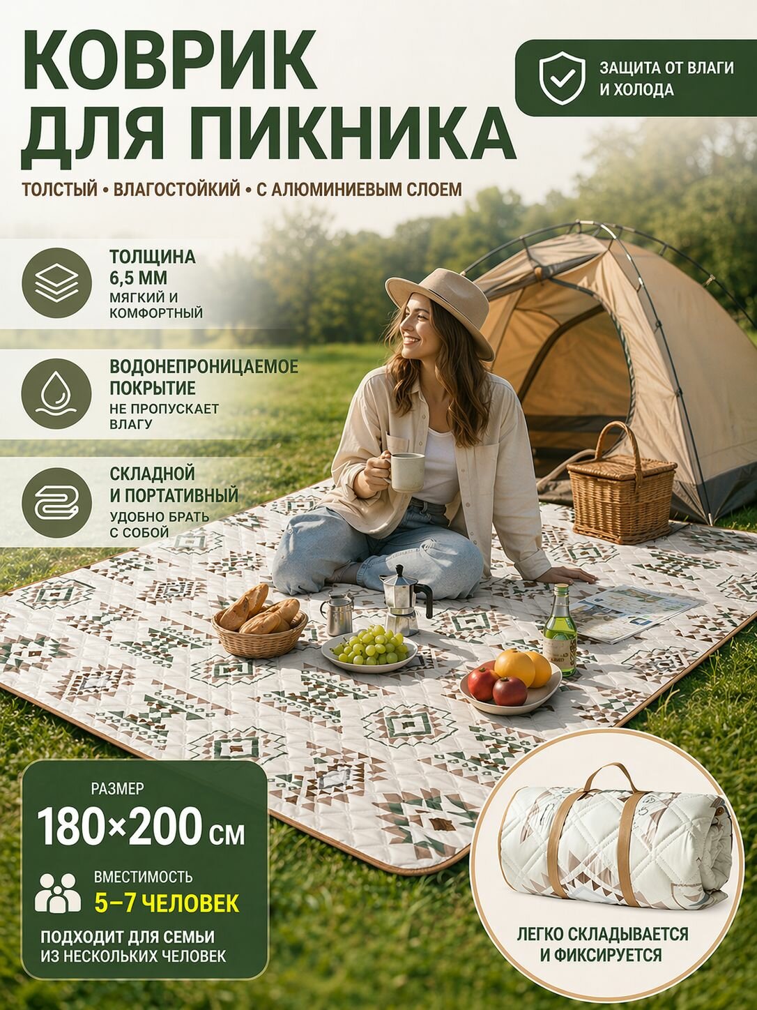 Складной коврик для палатки для пикника с алюминиевой фольгой 180*200 см, толщина 6,5 мм